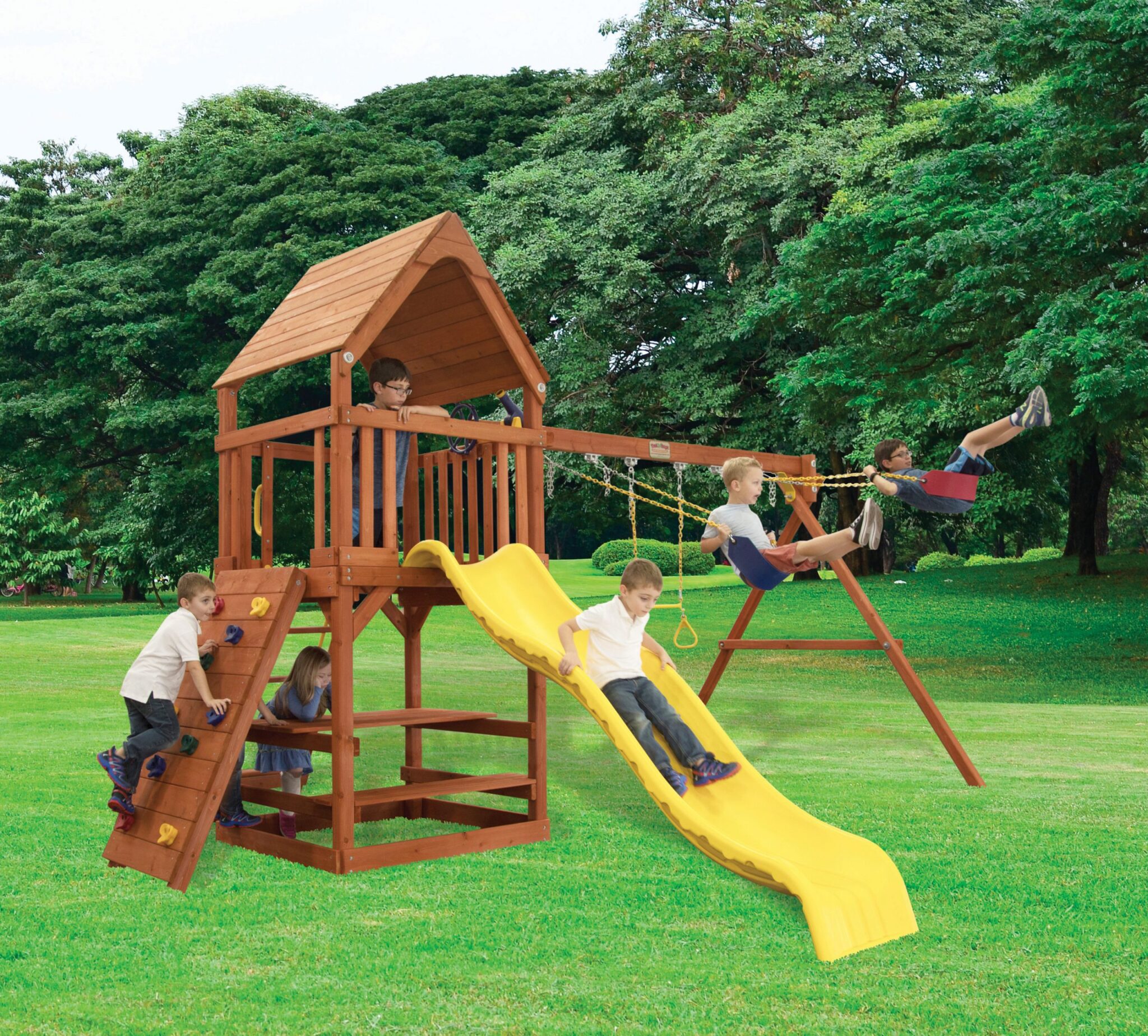 Toucan Fort Swing Set: Wooden Roof | Picnic Table | Wave Slide