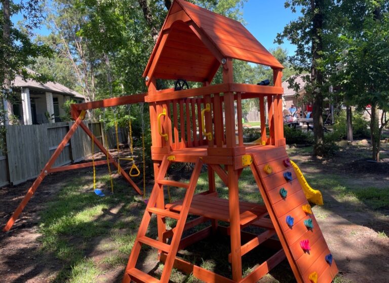 Toucan Fort Swing Set: Wooden Roof | Picnic Table | Wave Slide